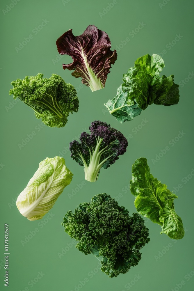 Different types of salad leaves levitating on green background. Healthy ...