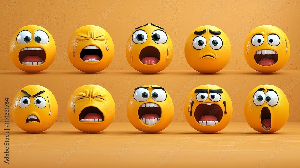 Ten 3D rendered yellow emoticon spheres expressing various emotions ...