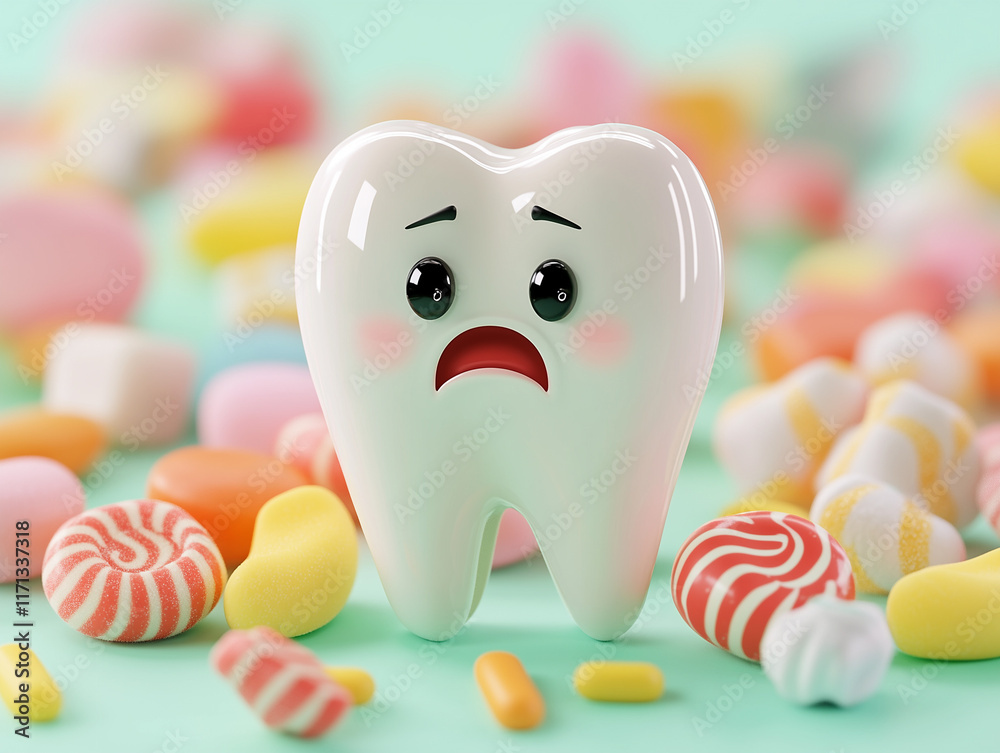 cartoon tooth with visible caries surrounded by candies, representing ...