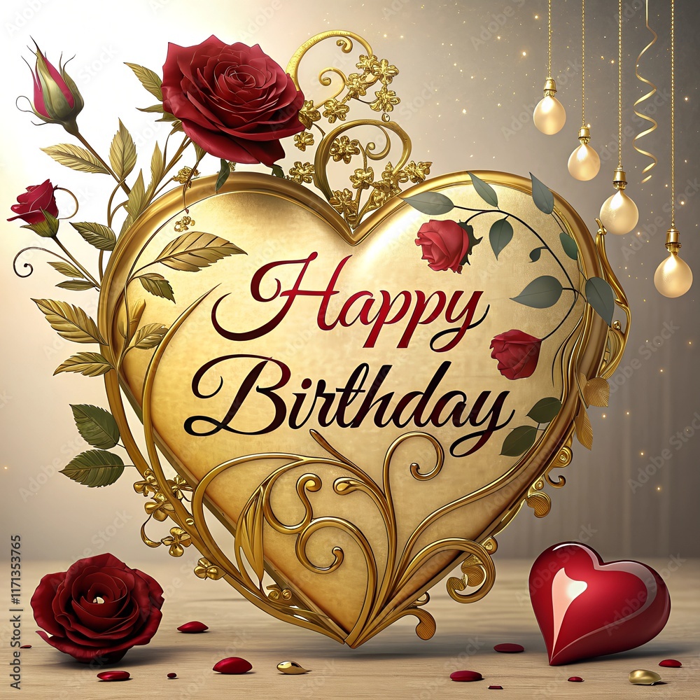 Birthday card heart shape gold colour with red rose and light on blur ...