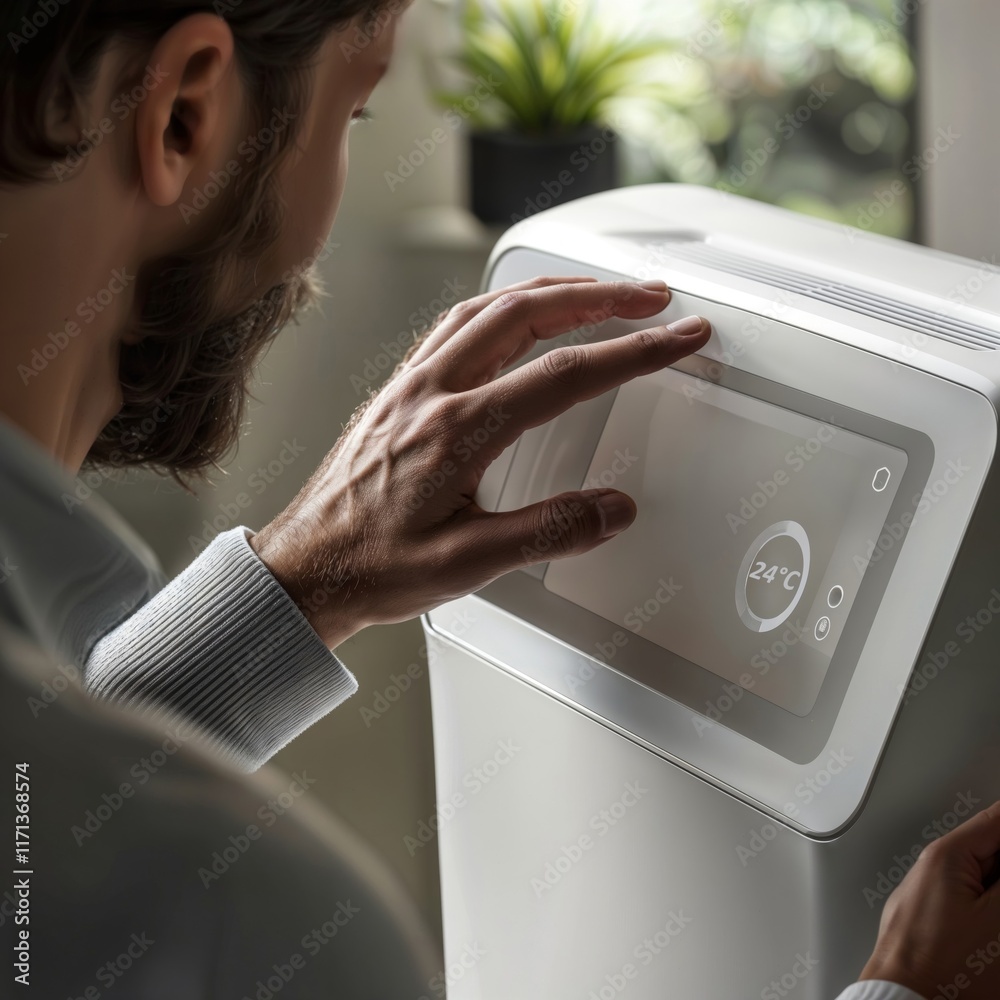 Adjusting portable conditioner. Man adjusting the settings on a modern ...