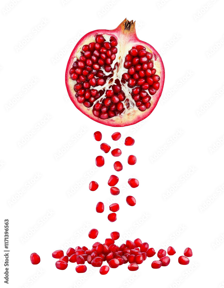 Levitation of pomegranate seeds falling and juice drop isolated on png ...