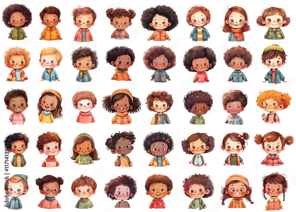 Happy cartoon kids faces clipart set, children icons, multiethnic ...