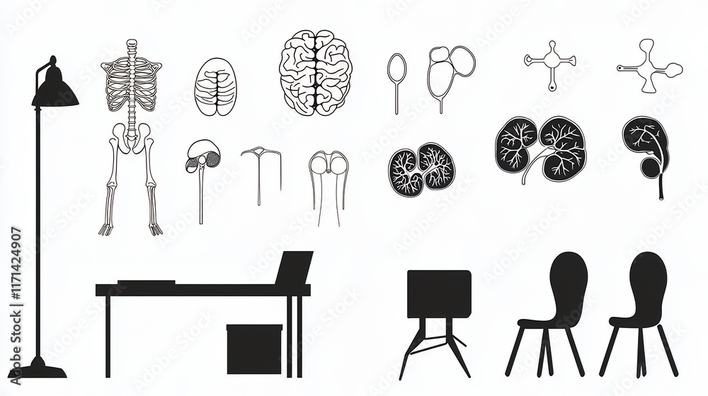 Human Anatomy Illustrations Organs, Skeleton, and Brain Diagrams Stock ...