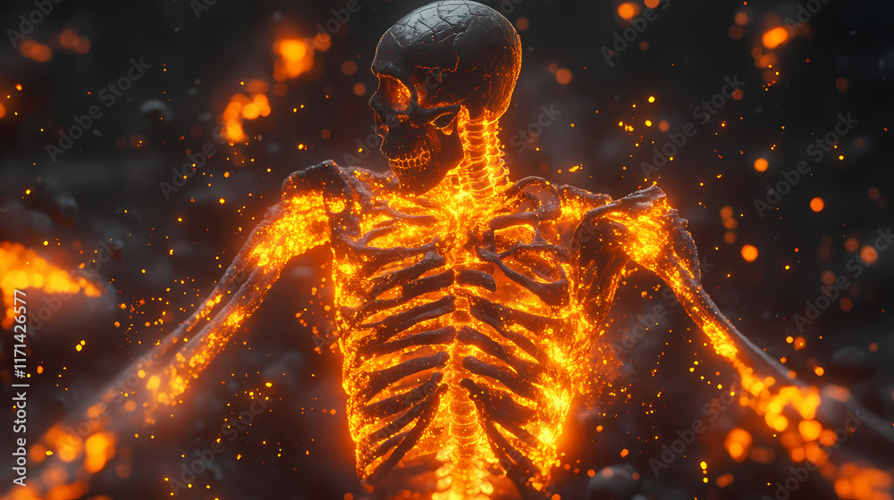 3d skeleton view with the entire spine and surrounding muscles glowing ...