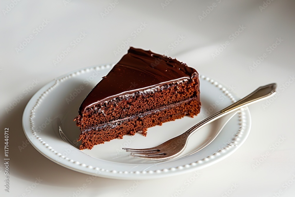Piece of Sacher torte on white Plate. Brown portion slice of famous ...