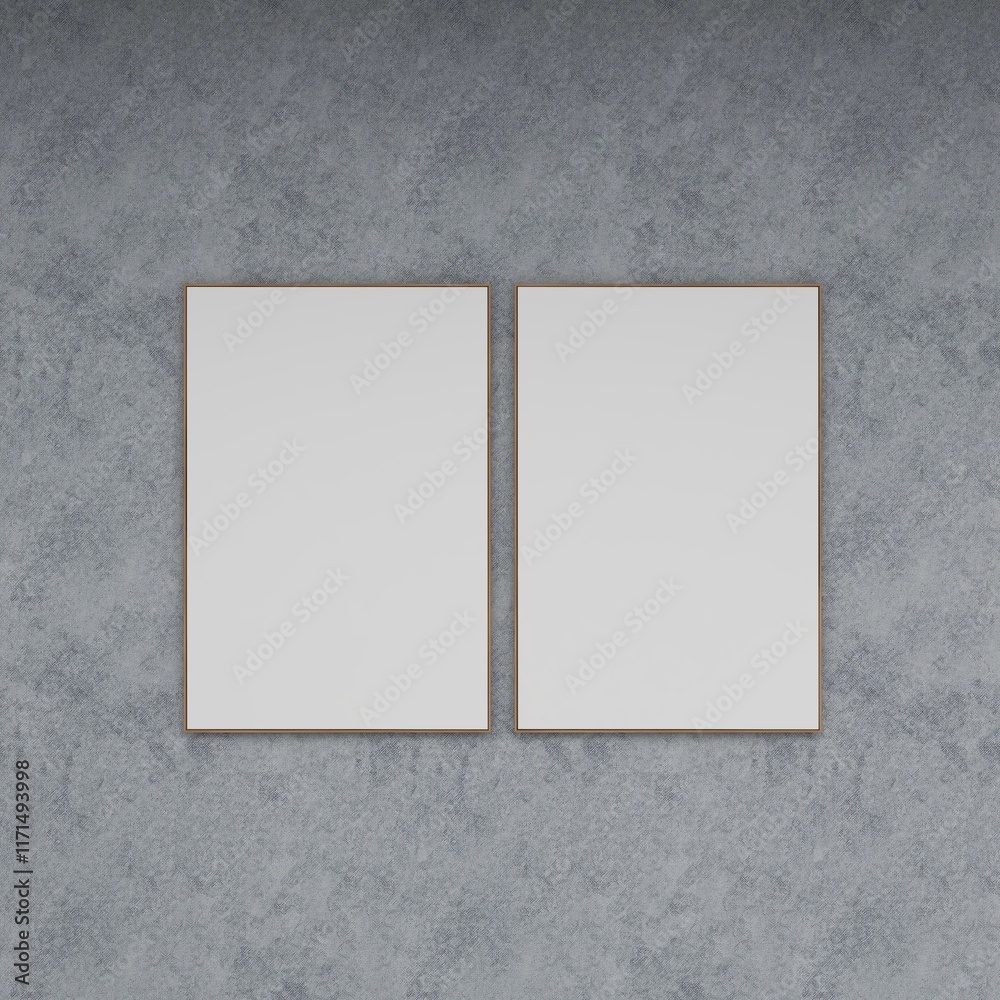 Mockup of two blank vertical frames on a gray wall. 3D rendering ...