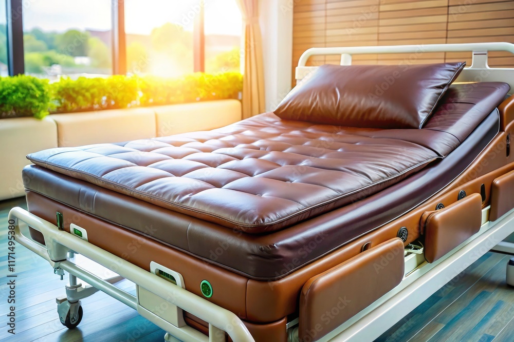 Hospital bed featuring a leather, pressure-relieving air mattress ...
