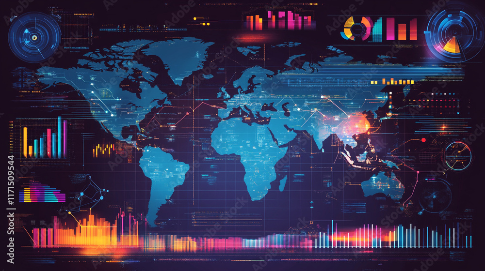 Digital Map of the World with Connecting Nodes and various geometric ...