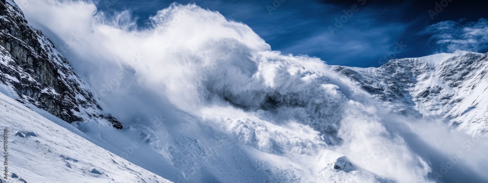 A dramatic capture of a massive avalanche roaring down a steep mountain ...