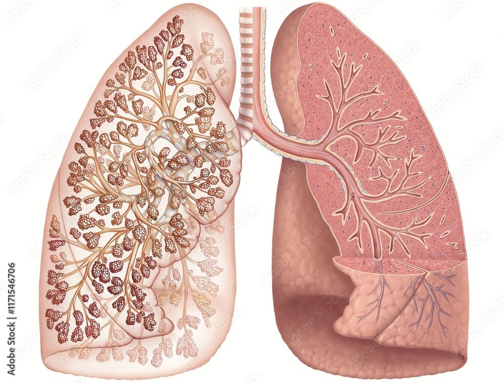 anatomical illustration of lungs - left showing alveoli, right showing ...