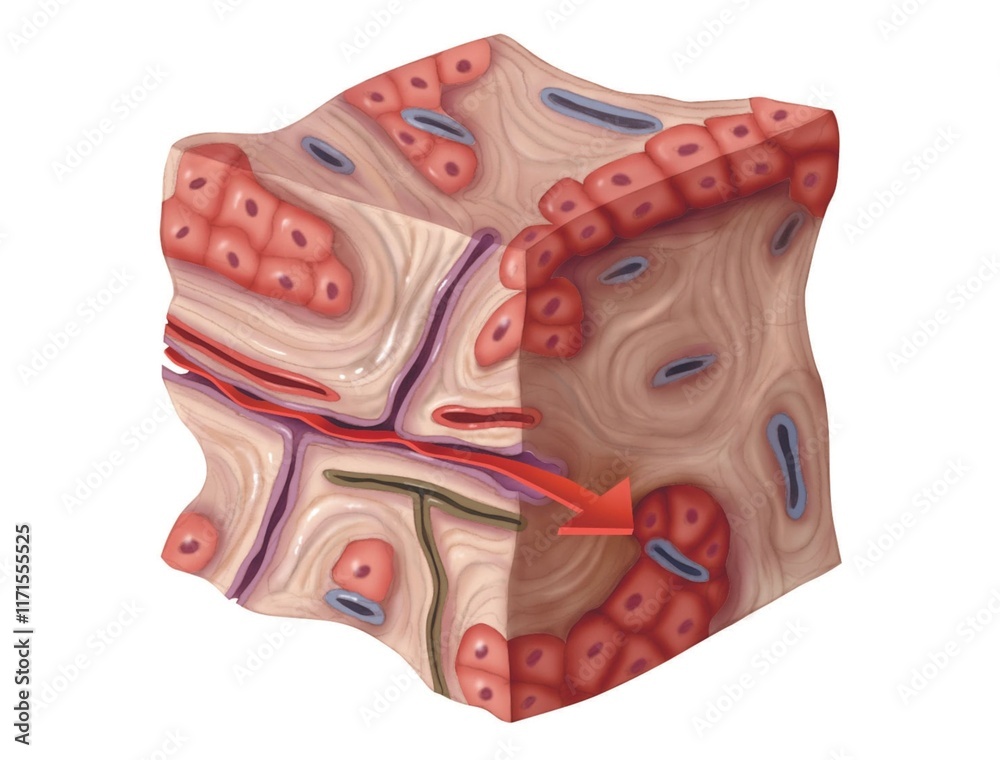 anatomical illustration of inflamed liver cells and scar tissue showing ...