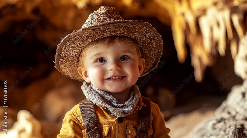Young child wearing cowboy hat smiles in a cave with stalactites ...