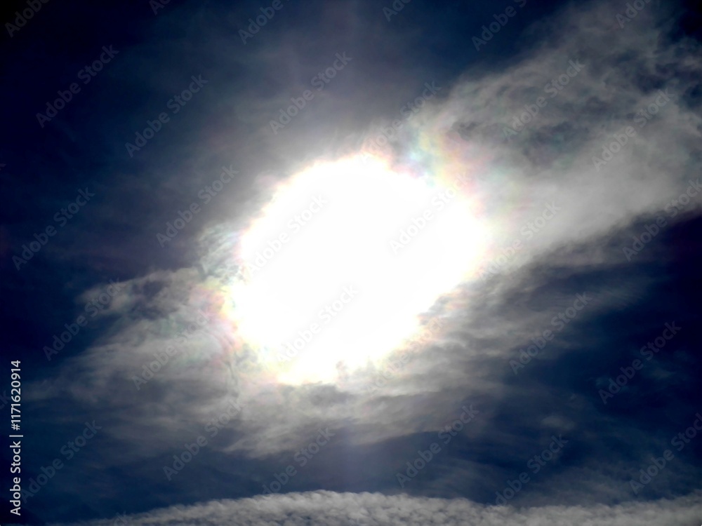 Dark blue sky and colorful, pearl colors on Clouds iridescence ...