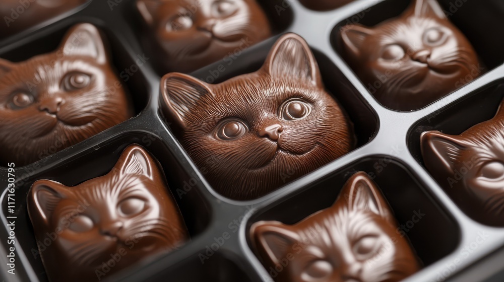 box of chocolates in the shape of cats. cat face shape dessert Stock ...