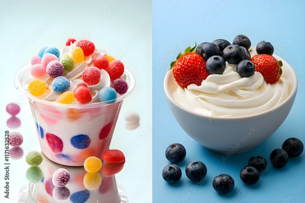 Healthy vs. unhealthy food: Sugary yogurt with candy vs. plain Greek ...