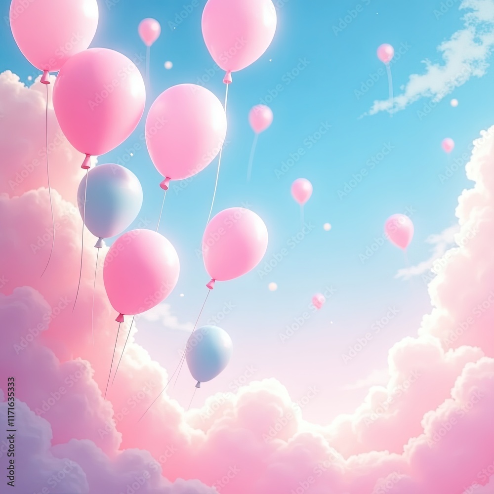 Diseño de invitación festiva con globos rosas y azules en el cielo y ...