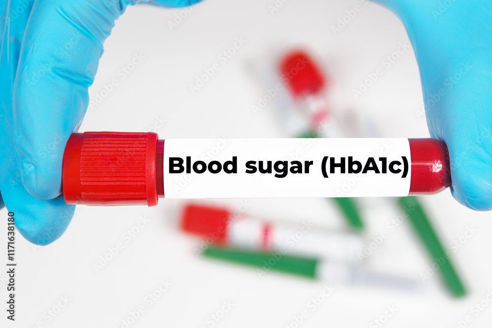 Blood sugar (HbA1c) medical analysis value test tube background Stock ...