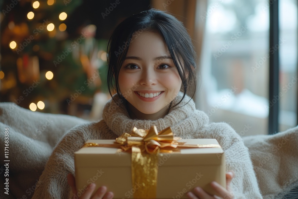 Asian female showing gift box from his family during video conference ...