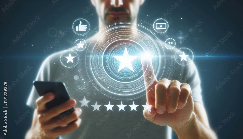 futuristic user interface, holographic rating system, glowing stars ...