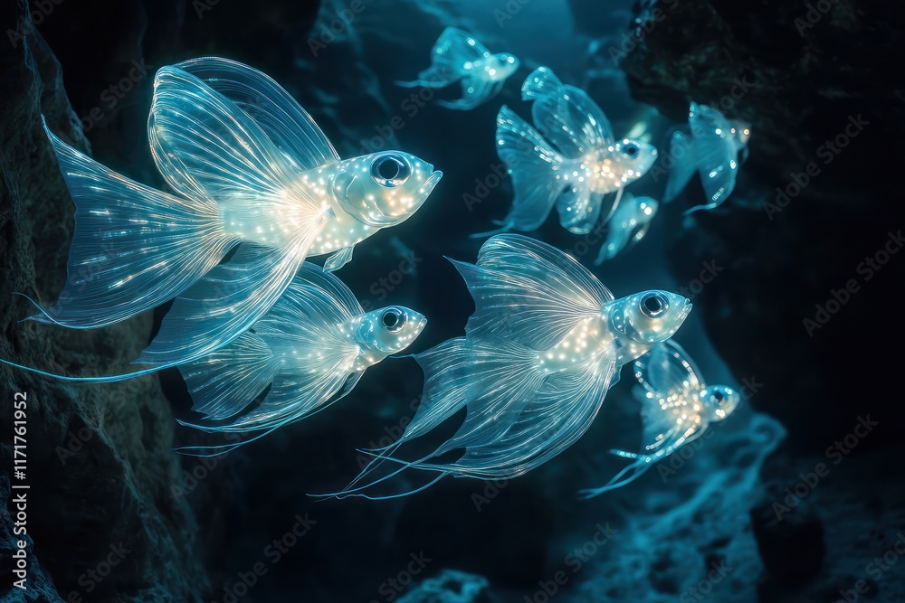 Ethereal fish with translucent, ribbon-like bodies and glowing ...