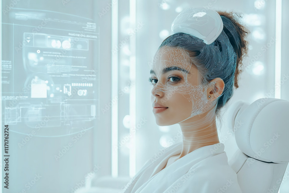Dark-skinned woman in a futuristic beauty salon where an artificial ...