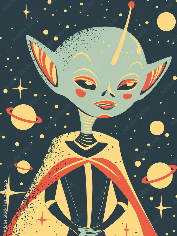 Ilustración de Stock Retro 1960s 1950s style vintage space alien little ...