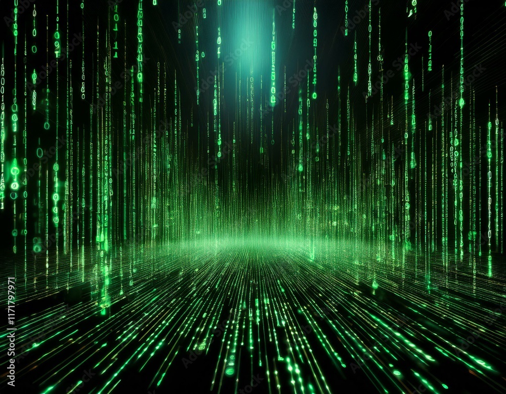 abstract representation of digital data streams showcasing a cascade of green binary code ...