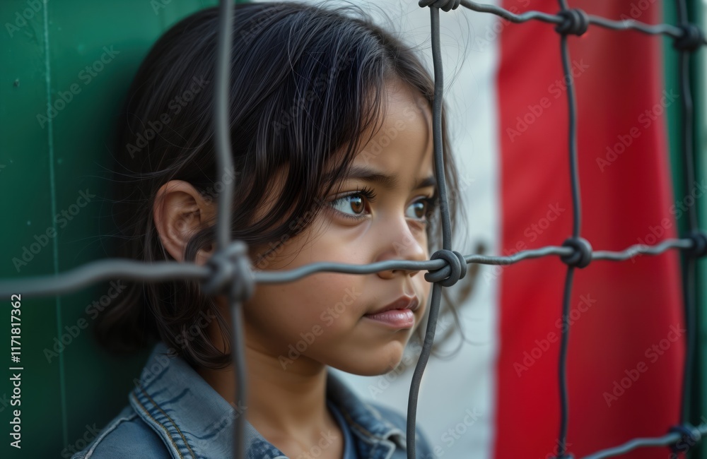 Sad child looks through metal fence. Child seems alone. Fence separates ...