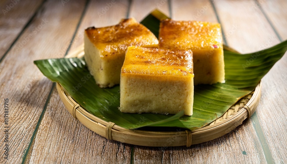 Foto de Stock philippine bibingka rice cake served on a banana leaf ...