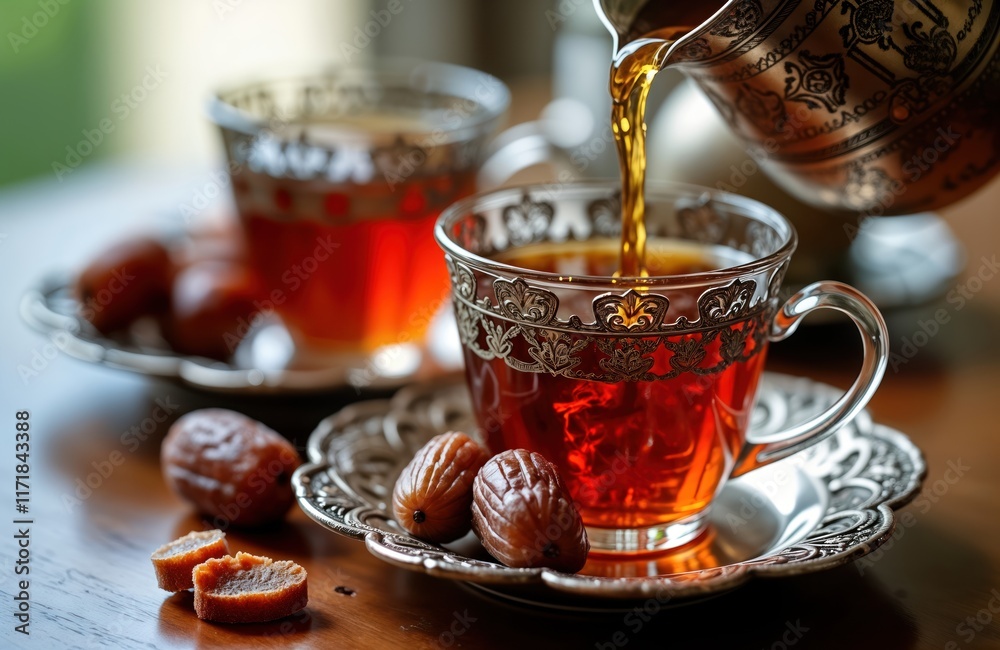 Traditional arabic tea poured into glass cup. Dates, sweet treats on ...