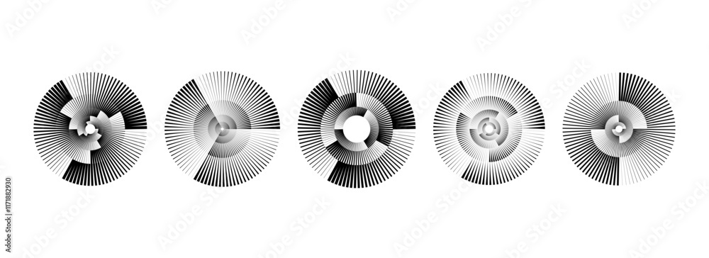 Black radial spiral pattern set. Circular rotating speed line form ...