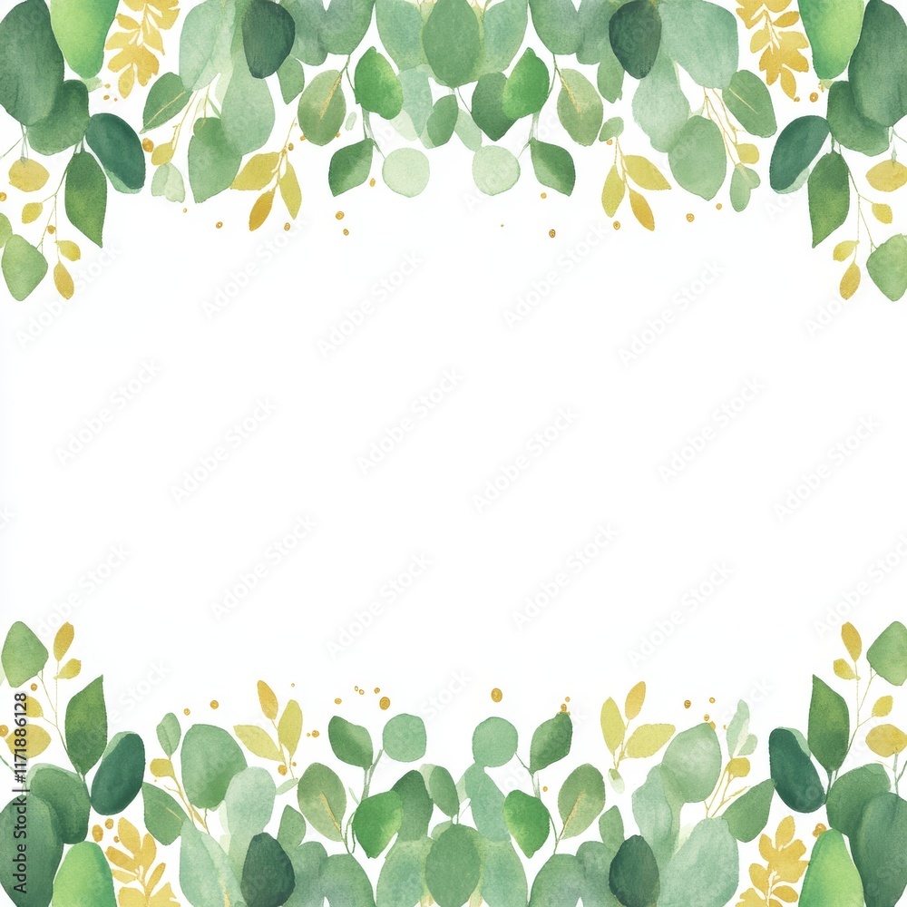 Watercolor floral design encased in a green and gold leaf border ...