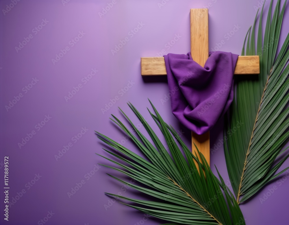 Purple background with wooden cross, palm leaves. Religious symbol for ...