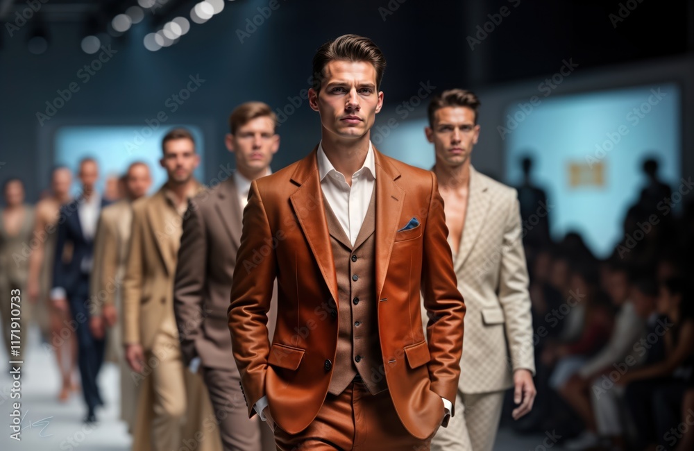Male top models walk runway fashion week show. Stylish menswear ...