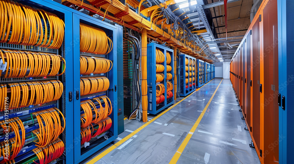 Modern data center networking infrastructure showing organized orange ...