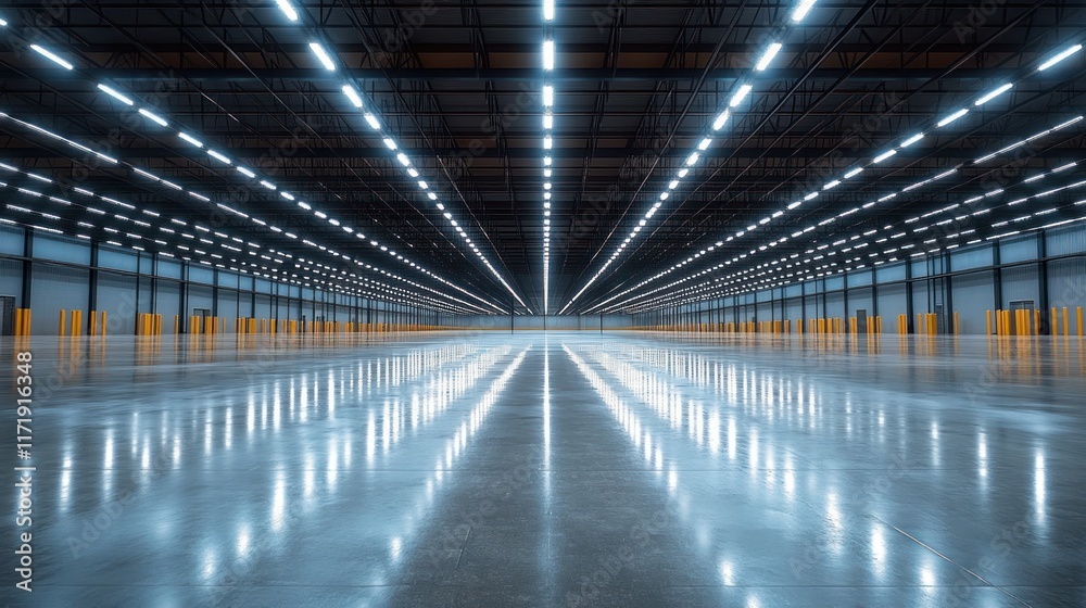 Warehouse Interior with Fluorescent Lighting and Symmetrical Design in ...
