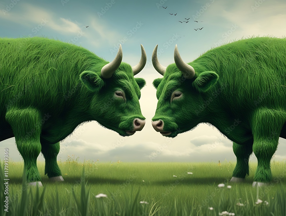 Stock-Foto „Surreal green grass bulls facing off in a vibrant natural ...