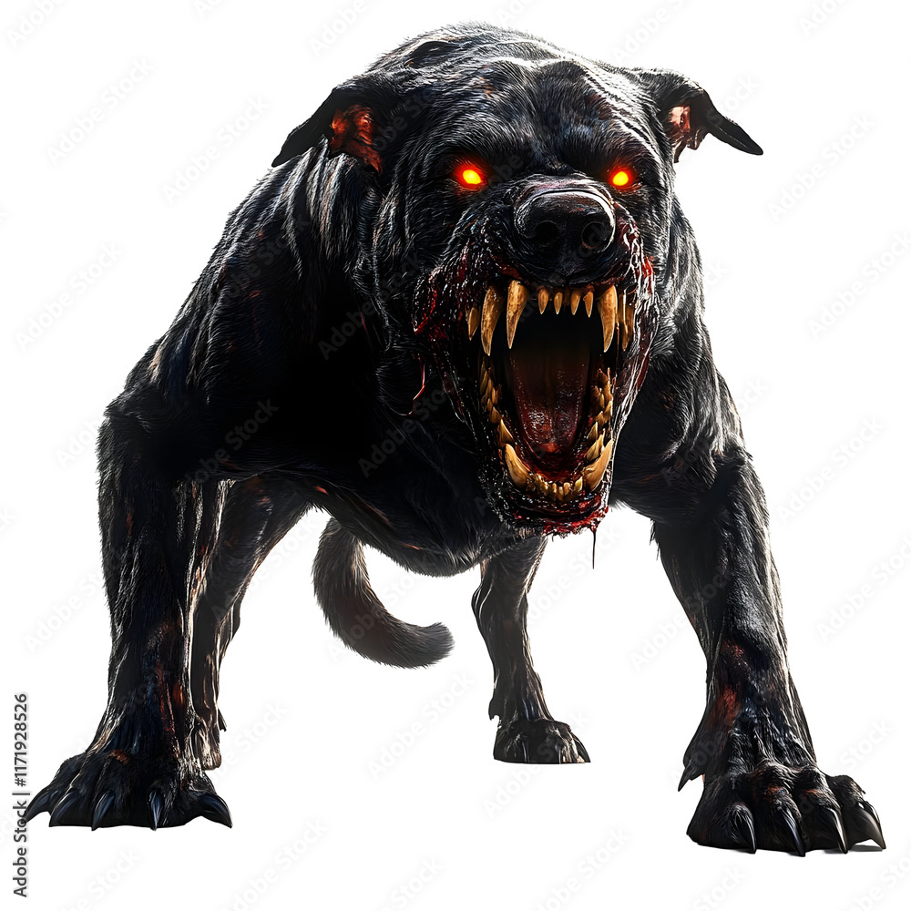 Angry black dog with glowing red eyes snarls on white background ...