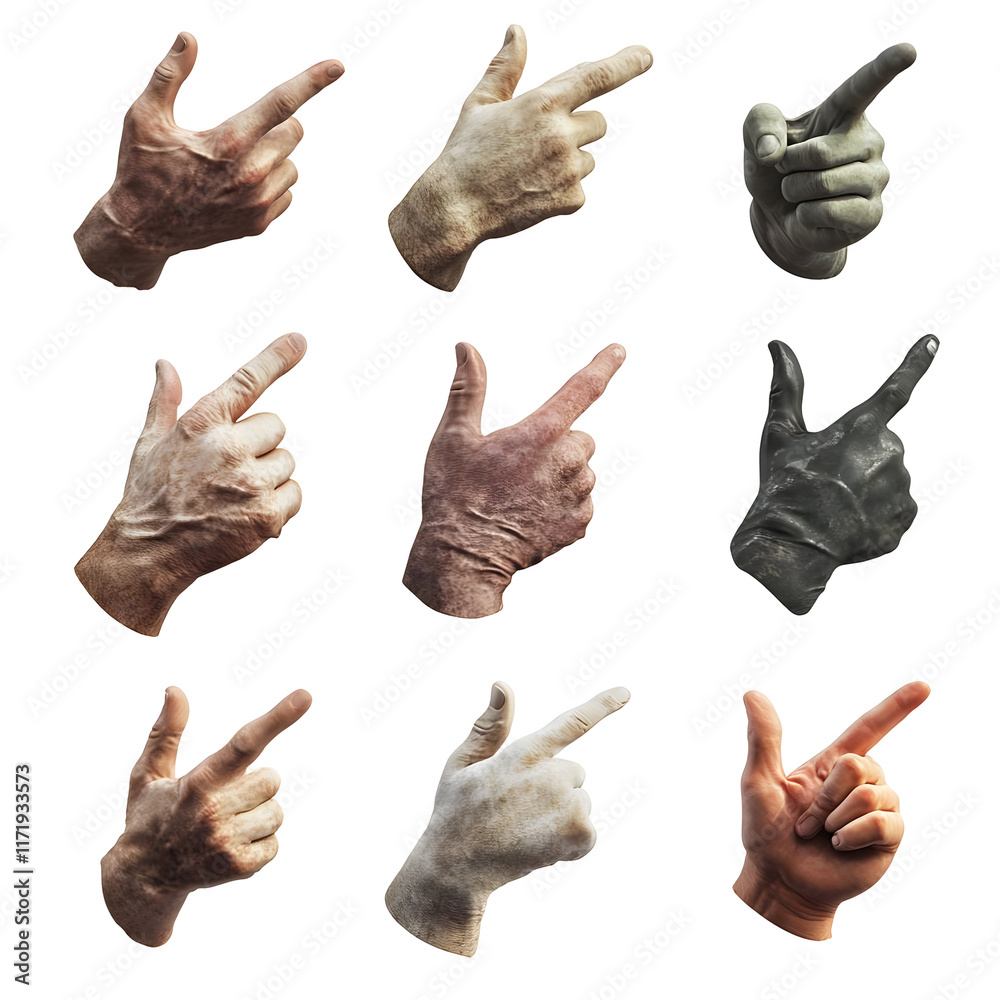 Nine 3D rendered hands pointing isolated on transparent background with ...