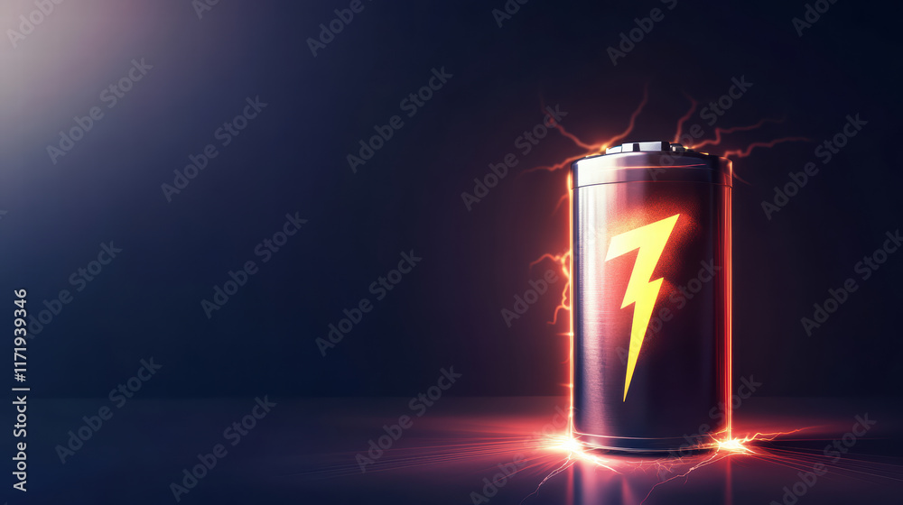 battery with lightning bolt graphic emits energy in dark setting ...