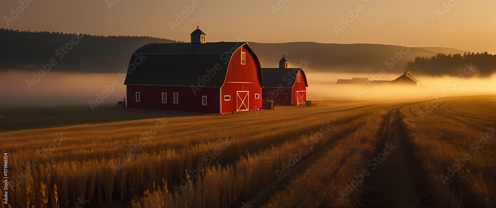 Classic red barns standing alongside golden fields inviting picturesque ...
