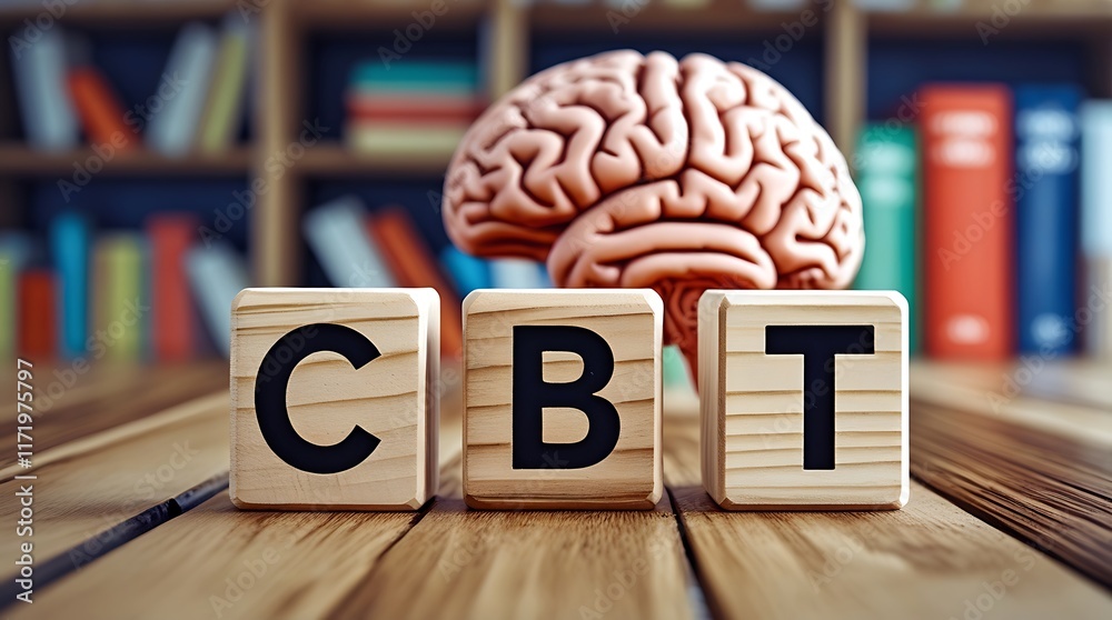 Cognitive Behavioral Therapy concept illustrated with CBT blocks and a brain model, representing ...