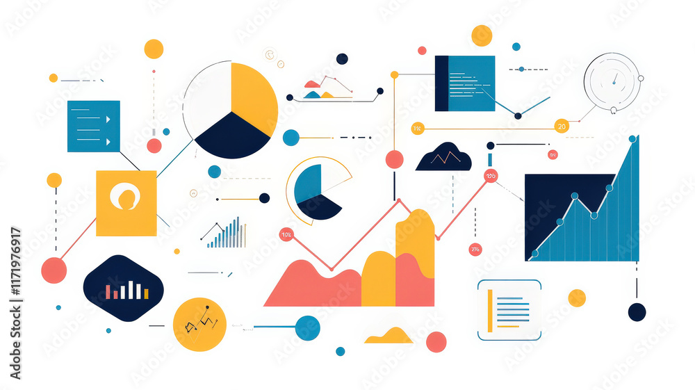 A digital infographic with floating icons representing different data ...