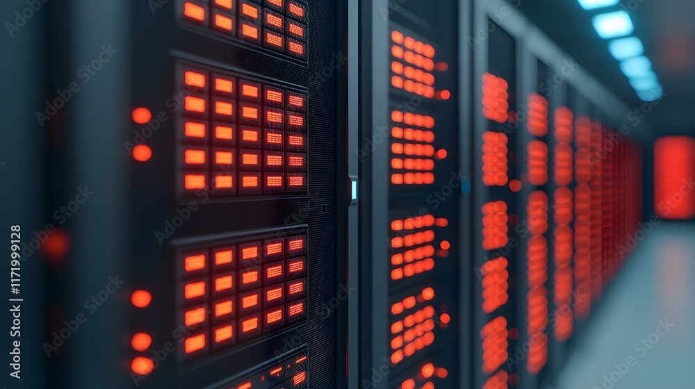 High-Tech Data Center with Bright Red LED Lights Illuminating Server Racks and Modern Technology ...