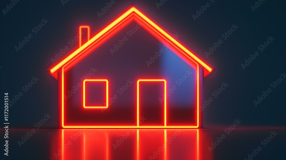 Neon Outline of a House with Glowing Red Light on Dark Background for ...