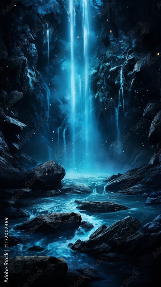 Crystal-clear waterfall flowing over rocks, hard light, space in the ...
