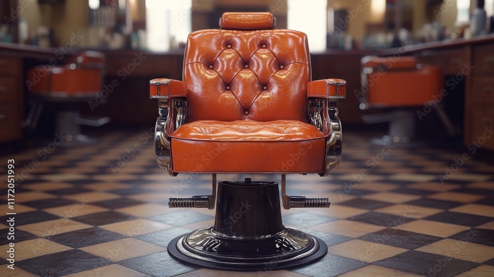 Vintage barber shop chair, orange leather, polished chrome, classic ...