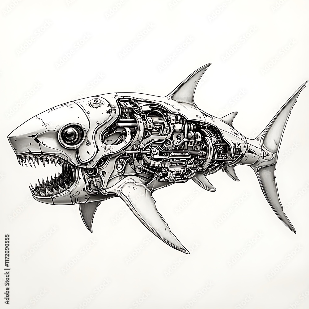 Mechanical Shark A Detailed Illustration of a Robotic Shark with ...