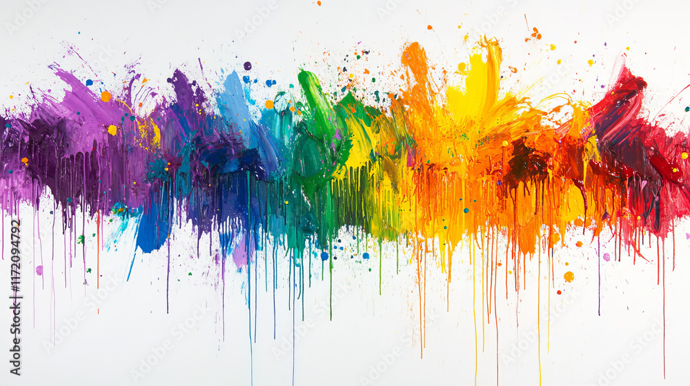 Horizontal colorful paint splatter pattern with dripping effect in ...